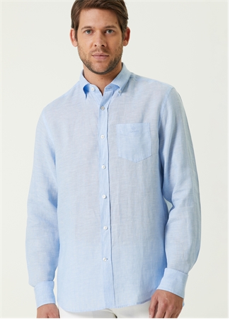 Gant Erkek Regular Fit Mavi Düğmeli Yaka Keten Gömlek S Eu