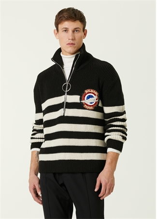 Balmain Erkek Siyah Beyaz Yakası Fermuarlı Logolu Yün Kazak S EU Balmain Erkek Siyah Beyaz Yakası Fermuarlı Logolu Yün Kazak S EU