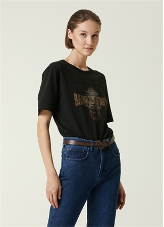 Kadın Siyah Bisiklet Yaka Logolu T-shirt S EU