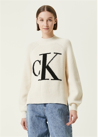CK Jeans Kadın Bej Dik Yaka Logolu Kazak L EU CK Jeans Kadın Bej Dik Yaka Logolu Kazak L EU