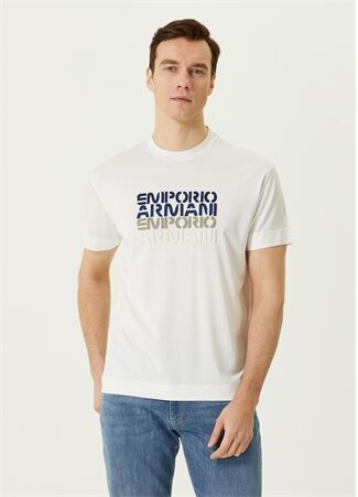 Emporio Armani Erkek Beyaz Kabartmalı Logo Detaylı T-shirt S EU