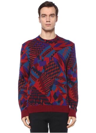 Missoni Erkek Mavi Kırmızı Geometrik Desen Jakarlı Yün Kazak S EU