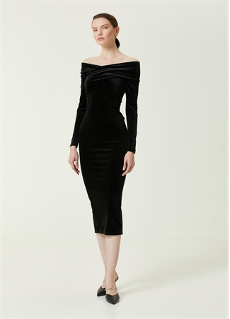 Allsaints Kadın Delta Siyah Düşük Omuzlu Midi Kadife Elbise 0 UK