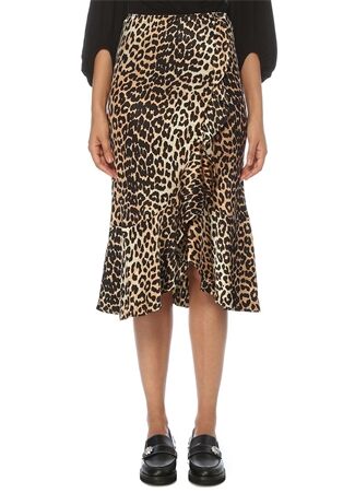 Ganni Kadın Yüksek Bel Leopar Desenli Midi İpek Saten Etek Kahverengi 34 FR