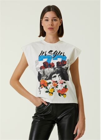 Msgm Kadın Ekru Bisiklet Yaka Baskılı T-shirt Bej S EU