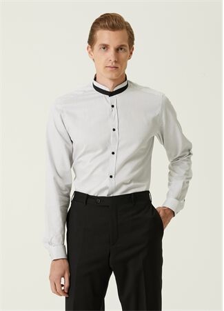 Palzileri Lab Erkek Beyaz Siyah Mikro Desenli Dik Yaka Gömlek 40 IT