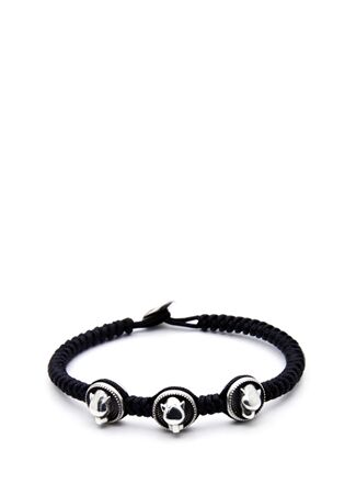 Boga Erkek Siyah İşlemeli Gümüş Rengi Bileklik Gri EU