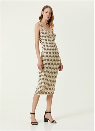 Musier Kadın Asia Bej Desenli Büzgü Detaylı Midi Elbise Siyah 34 IT