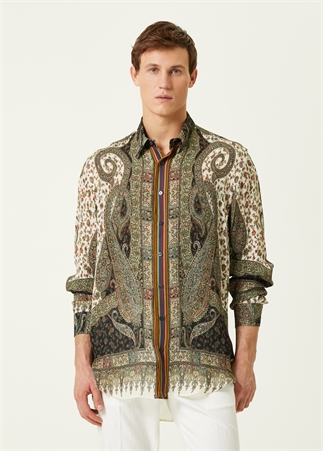 Etro Erkek Yeşil Etnik Desenli İpek Gömlek 38 IT