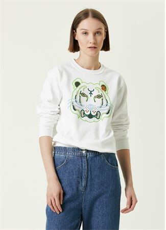Kenzo Kadın K Tiger Beyaz Bisiklet Yaka Sweatshirt S Eu