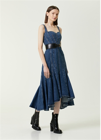 Alexander McQueen Kadın Mavi Kalp Yaka Midi Denim Elbise 42 IT Alexander McQueen Kadın Mavi Kalp Yaka Midi Denim Elbise 42 IT