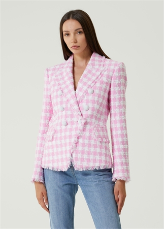 Balmain Kadın Pembe Beyaz Kareli Tweed Ceket 36 FR Balmain Kadın Pembe Beyaz Kareli Tweed Ceket 36 FR