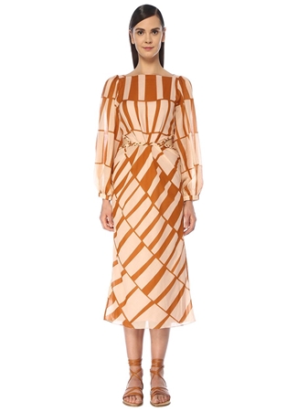 Johanna Ortiz Beach Kadın Ekru Turuncu Kayık Yaka Desenli Midi Elbise Bej M EU