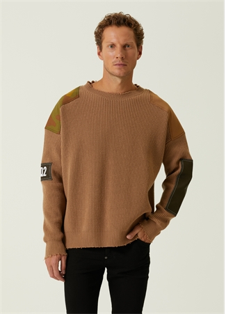 Dsquared2 Erkek Taba Patchli Bisiklet Yaka Yün Triko Turuncu XL EU Dsquared2 Erkek Taba Patchli Bisiklet Yaka Yün Triko Turuncu XL EU