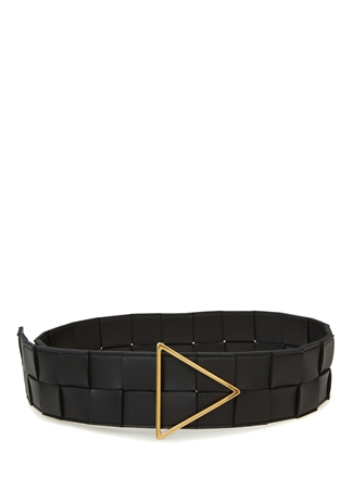 Bottega Veneta Kadın Siyah Gold Örgü Dokulu Deri Kemer 75