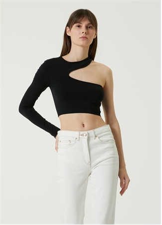 Helmut Lang Kadın Siyah Asimetrik Yaka Cropped Bluz M/L EU