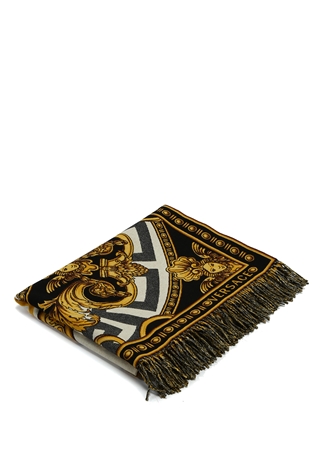 Versace Siyah Gold Medusa Baskılı Püsküllü Yün Battaniye Çok Renkli