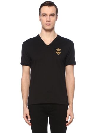 Dolce&Gabbana Erkek Siyah V Yaka Nakışlı T-shirt 44 IT