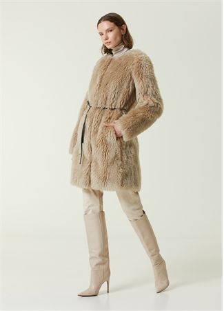 Meteo by Yves Salomon Kadın Bej Beli Kuşaklı Yün Palto 36 FR