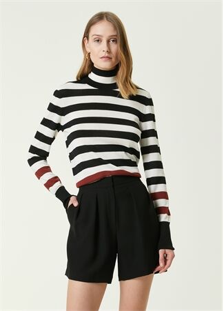 Moncler Kadın Siyah Beyaz Dik Yaka Çizgili Yün Kazak S EU