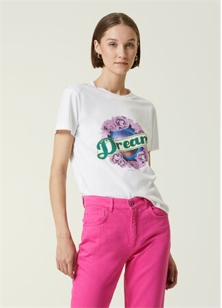 Academia Kadın Dream Beyaz Bisiklet Yaka Baskılı T-shirt XS