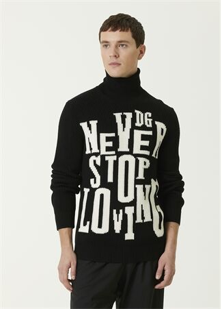 Dolce&Gabbana Erkek Siyah Balıkçı Yaka Kontrast Sloganlı Yün Kazak 48 IT