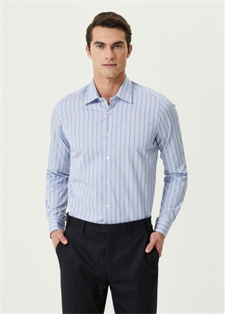 Pal Zileri Erkek Mavi Pembe Çizgi Desenli Gömlek 42 IT