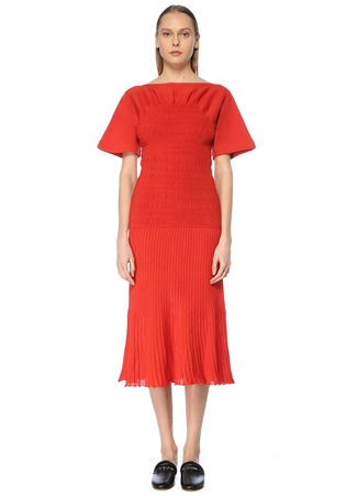 Proenza Schouler Kadın Kırmızı Kayık Yaka Büzgülü Midi Triko Elbise M EU