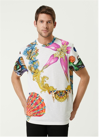 Versace Erkek Beyaz Deniz Kabuğu Desenli Logolu T-shirt S EU Versace Erkek Beyaz Deniz Kabuğu Desenli Logolu T-shirt S EU