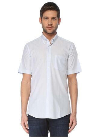 Pal Zileri Erkek Mavi Düğmeli Yaka Mikro Desenli Kısa Kollu Gömlek 40 IT