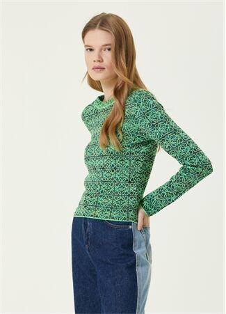 Loewe Kadın Yeşil Bisiklet Yaka Jakarlı Yün Kazak S EU