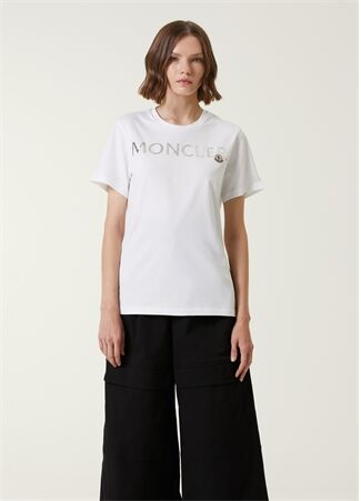 Moncler Kadın Beyaz Bisiklet Yaka Logolu T-shirt XS EU