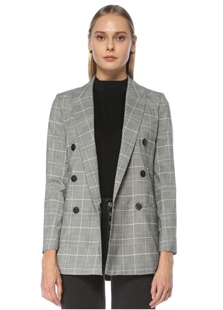 Allsaints Kadın Siyah Beyaz Ekoseli Kruvaze Blazer 8 UK