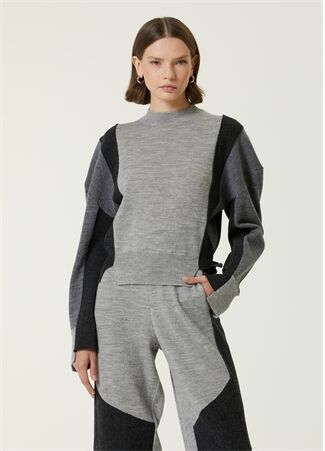 Stella McCartney Kadın Gri Dik Yaka Bloklu Yün Kazak 42 IT