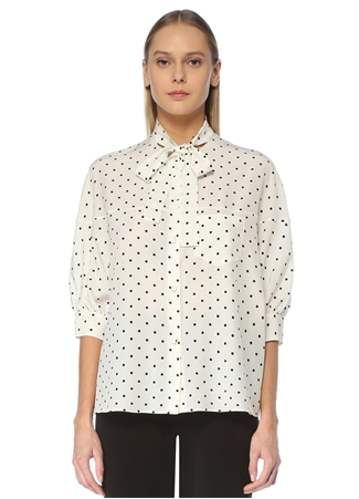 Prada Kadın Beyaz Yakası Bağcıklı Puantiyeli İpek Gömlek Siyah 42 IT