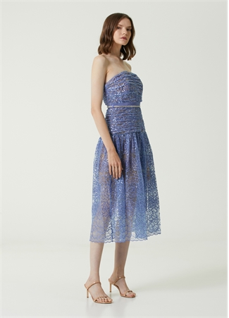 Self Portrait Kadın Mavi Straplez İşlemeli Midi Kokteyl Elbise 0 US
