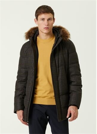 Corneliani Erkek Bej Kapüşonlu Ekoseli Parka 54 IT
