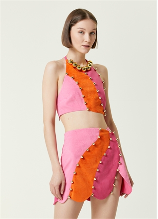 Raisa Vanessa Kadın Pembe Turuncu İşlemeli Crop Bluz 36 EU