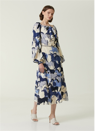 Johanna Ortiz Kadın Ekru Mavi At Desenli Midi İpek Elbise 2 US