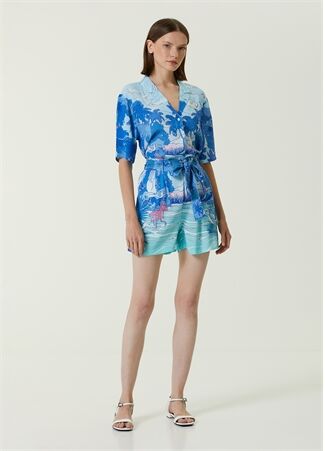 Tommy Jeans Kadın Mavi Karışık Desenli Yüksek Bel Şort S EU