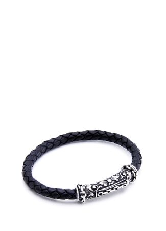Boga Erkek Siyah Örgü Dokulu Gümüş Rengi Bileklik L EU