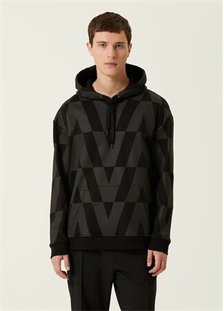 Valentino Erkek Siyah Kapüşonlu Logo Desenli Sweatshirt M EU