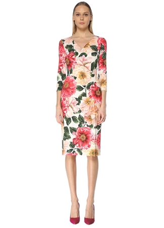 Dolce&Gabbana Kadın Pembe V Yaka Çiçekli Midi Kokteyl Elbise 42 IT