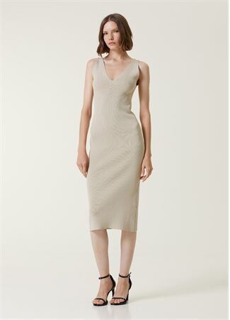 Academia Kadın Bej V Yaka Askılı Midi Triko Elbise XS