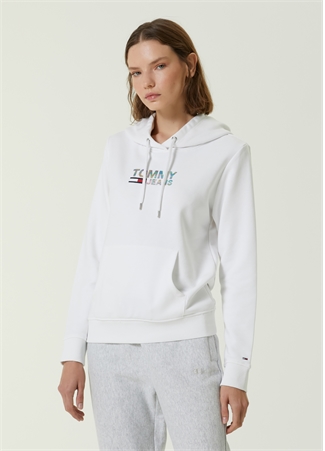 Tommy Jeans Kadın Slim Metal Logo Beyaz Kapüşonlu Sweatshirt S EU Tommy Jeans Kadın Slim Metal Logo Beyaz Kapüşonlu Sweatshirt S EU