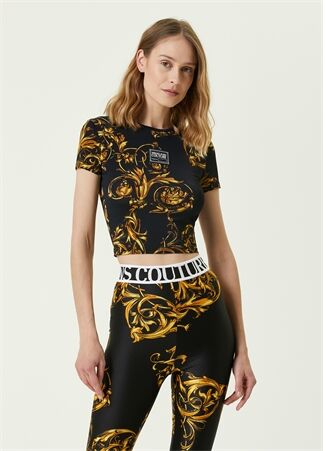 Versace Jeans Couture Kadın Siyah Gold Desenli Crop Bluz 42 IT