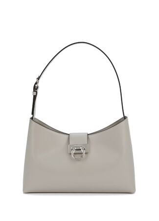 Salvatore Ferragamo Kadın Gri Logolu Deri Omuz Çantası EU