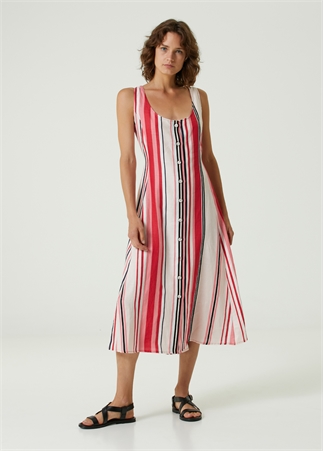 Beymen Club Kadın Pembe Sırt Detaylı Çizgi Desenli Midi Keten Elbise S EU