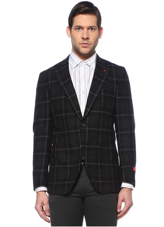 Isaia Erkek Siyah Kelebek Yaka Ekose Desenli Yün Ceket 54 IT