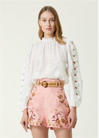 Zimmermann Kadın Ekru Çiçek Nakışlı Balon Kol Bluz Bej US